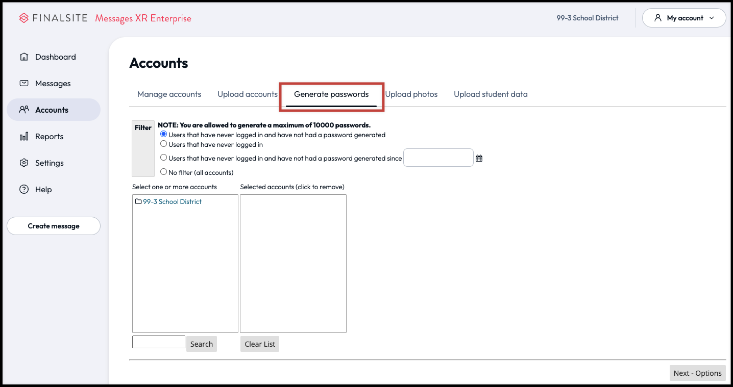 Manage the Generate passwords tab – Messages XR Enterprise