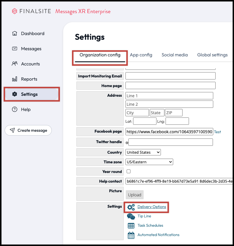 Configure organization Delivery Options – Messages XRE