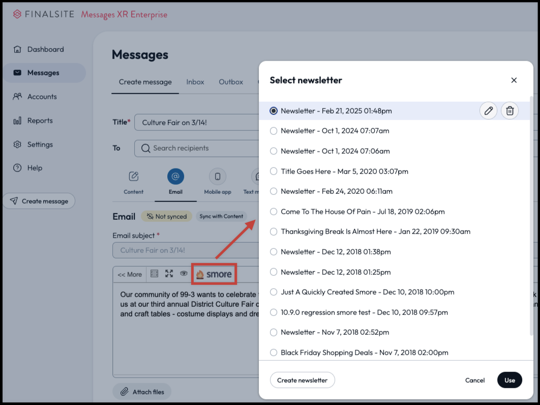Send Smore newsletters + FAQs – Messages XR Enterprise