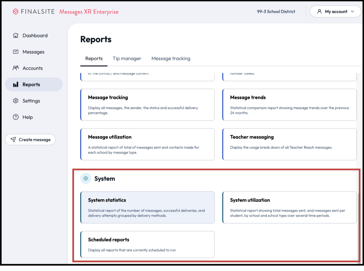 Manage and view System reports – Messages XRE