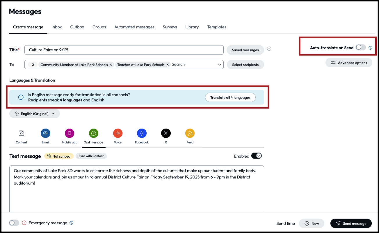 Translate your message into recipients' languages – Messages XR Enterprise