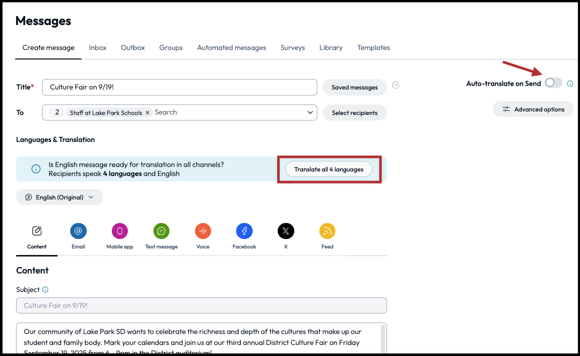 Translate your message into recipients' languages – Messages XR Enterprise